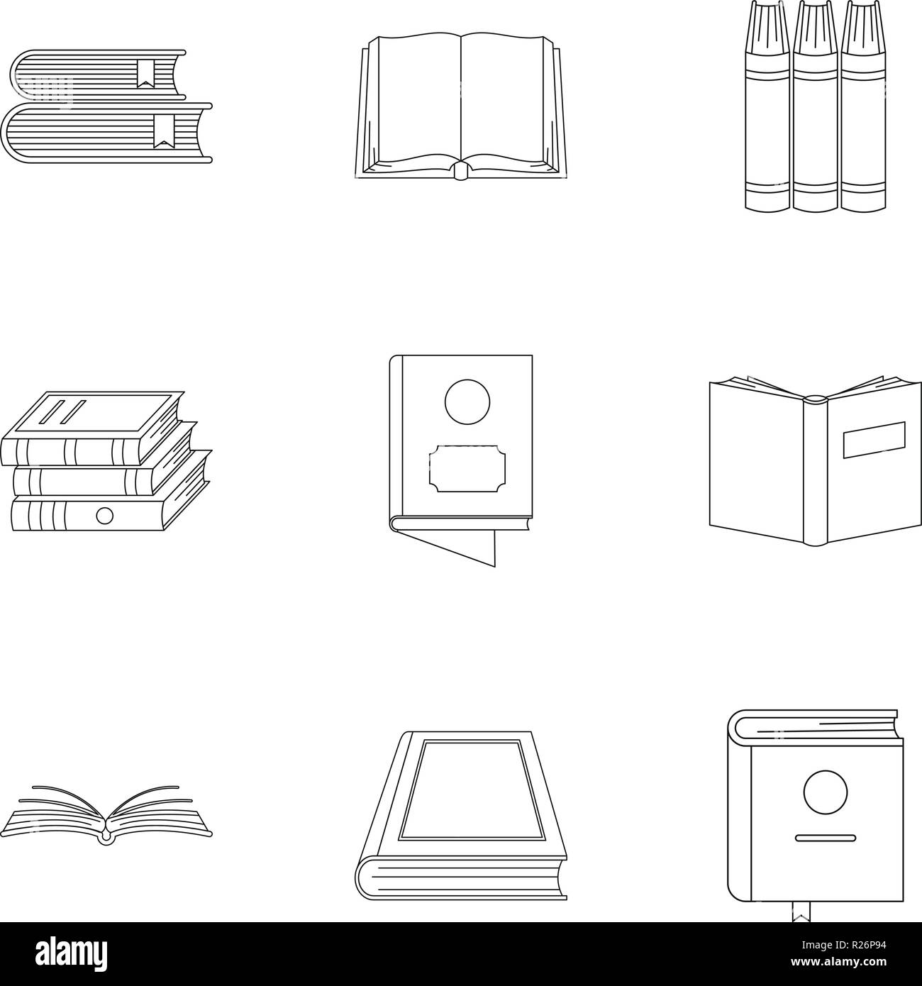 Reference book icons set. Outline set of 9 reference book vector icons ...