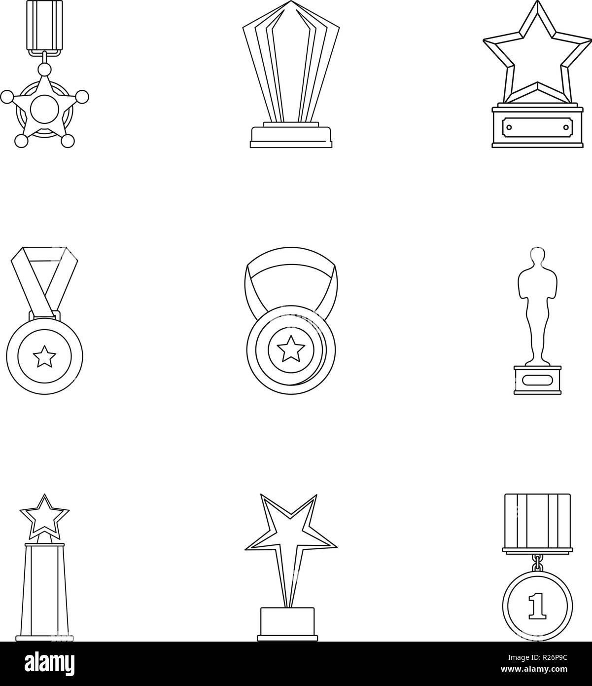 Accomplishment icons set. Outline set of 9 accomplishment vector icons ...