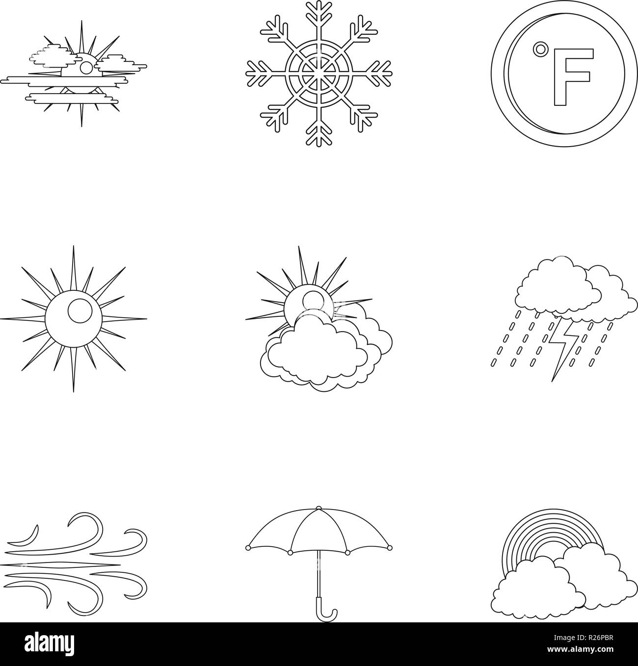 Weather observations icons set. Outline set of 9 weather observations ...