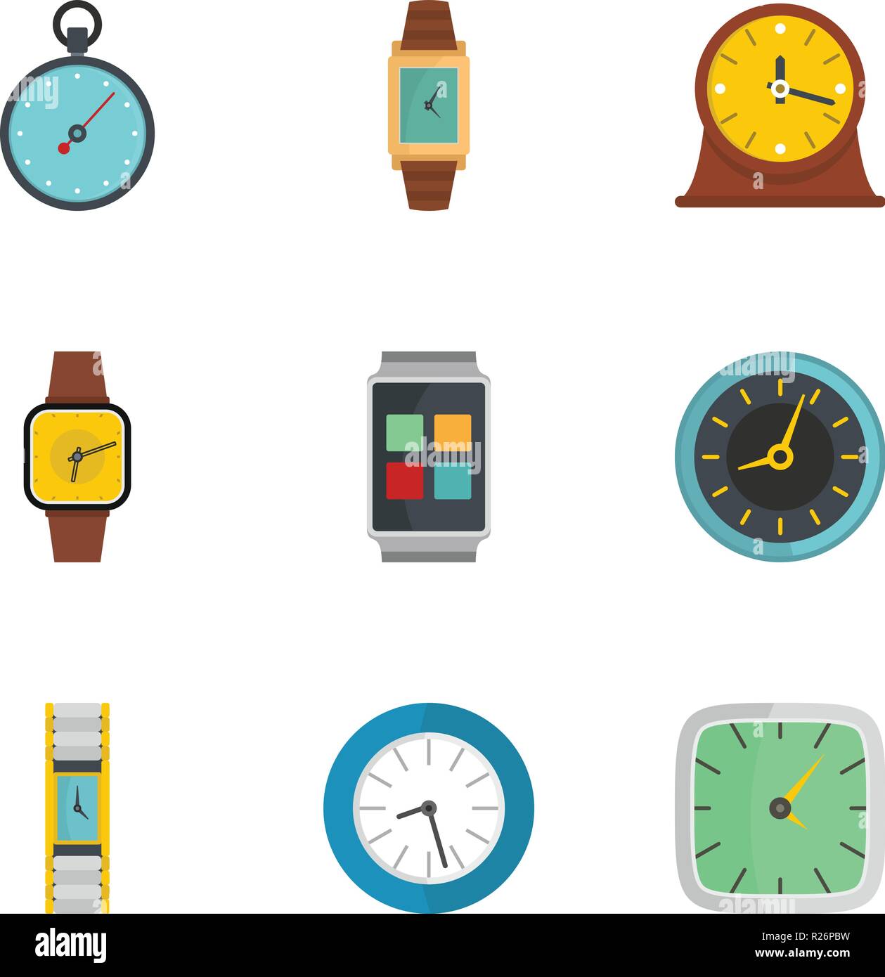 Clock signal icons set. flat set of 9 clock signal icons for web ...