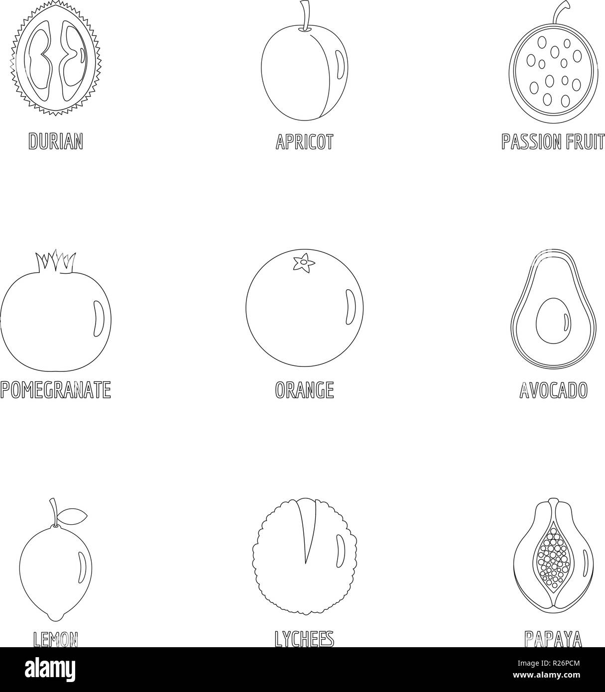 Orchard tree icons set. Outline set of 9 orchard tree vector icons for ...