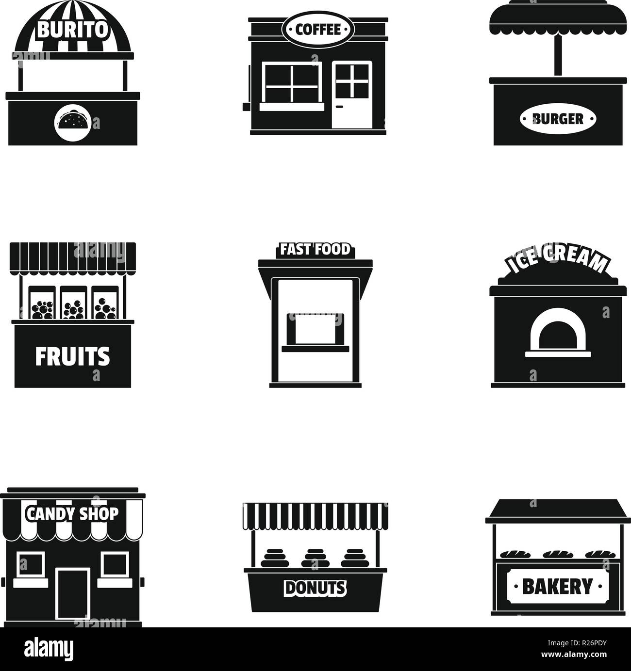 Street store icons set. Simple set of 9 street store vector icons for ...