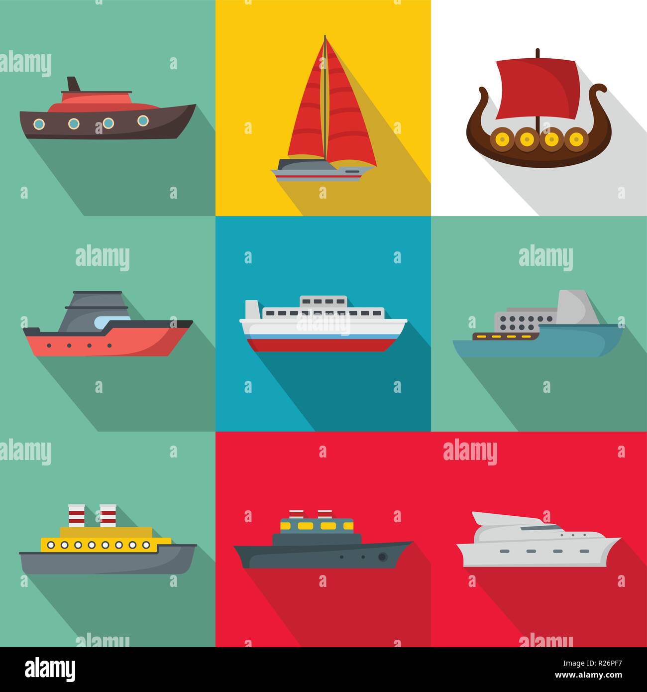 Seagoing vessel icons set. flat set of 9 seagoing vessel vector icons ...