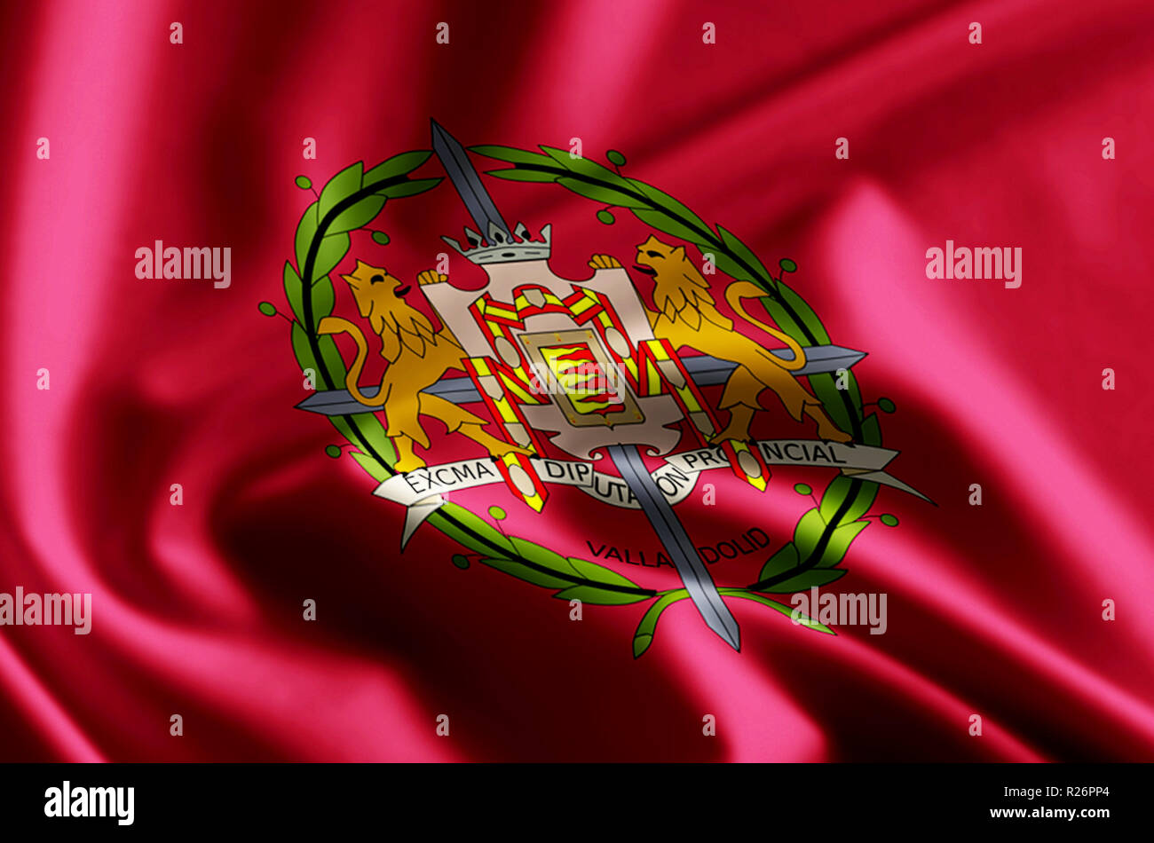 Valladolid 3D waving and closeup flag illustration with reflections ...