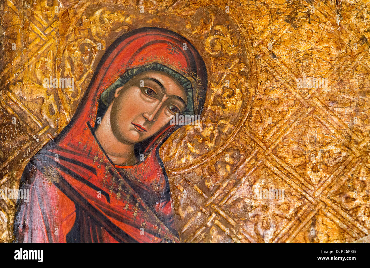 An icon of the Virgin Mary in an icon of the Deesis (Deisis), with ...