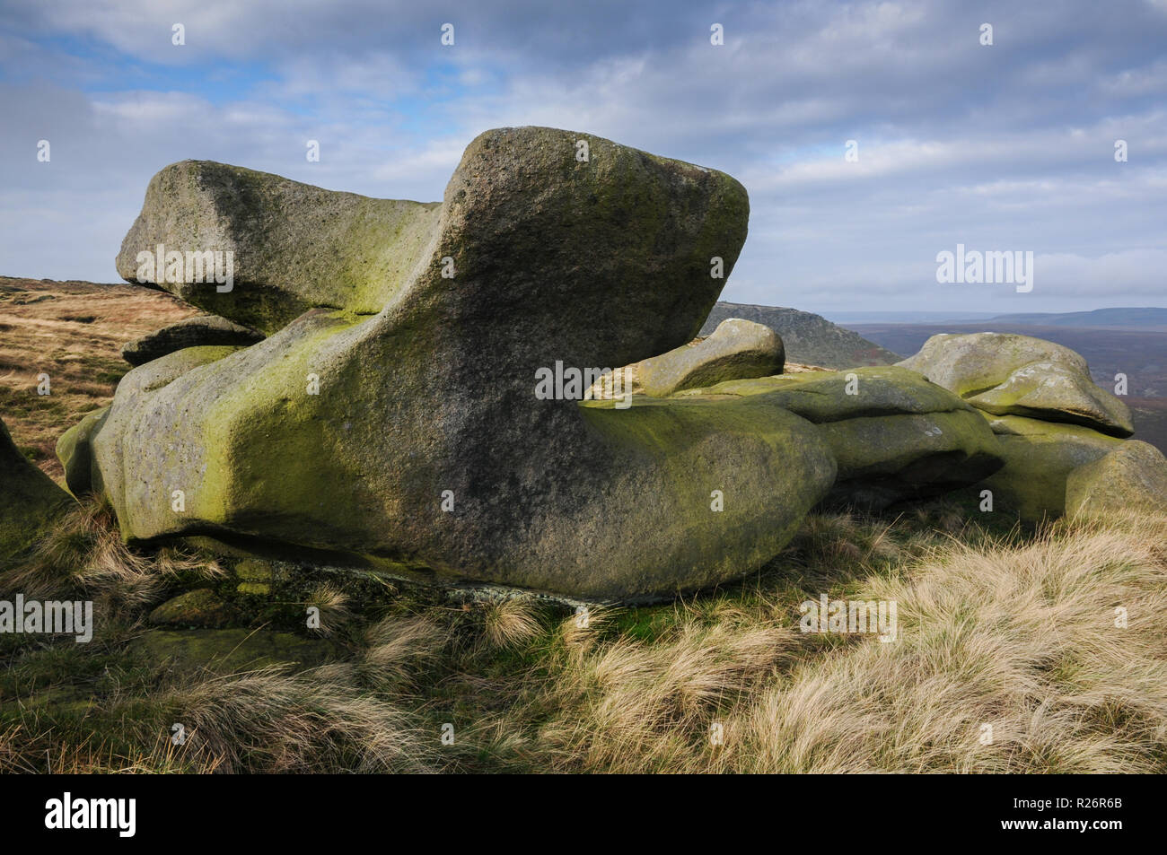 Wind-sculpted Millstone grit outcrop, Kinder Scout, Peak District ...