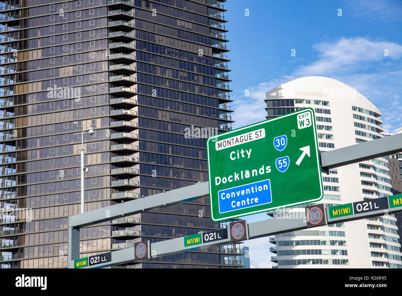 Road signs on the approach to Melbourne city centre in Victoria ...