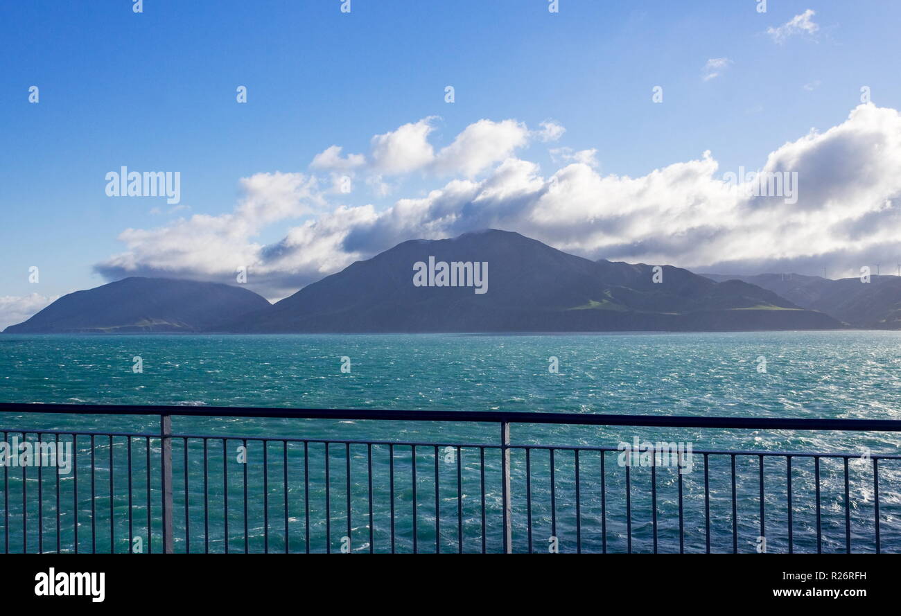Landscape view of land through the Cook Strait of New Zealand taken ...
