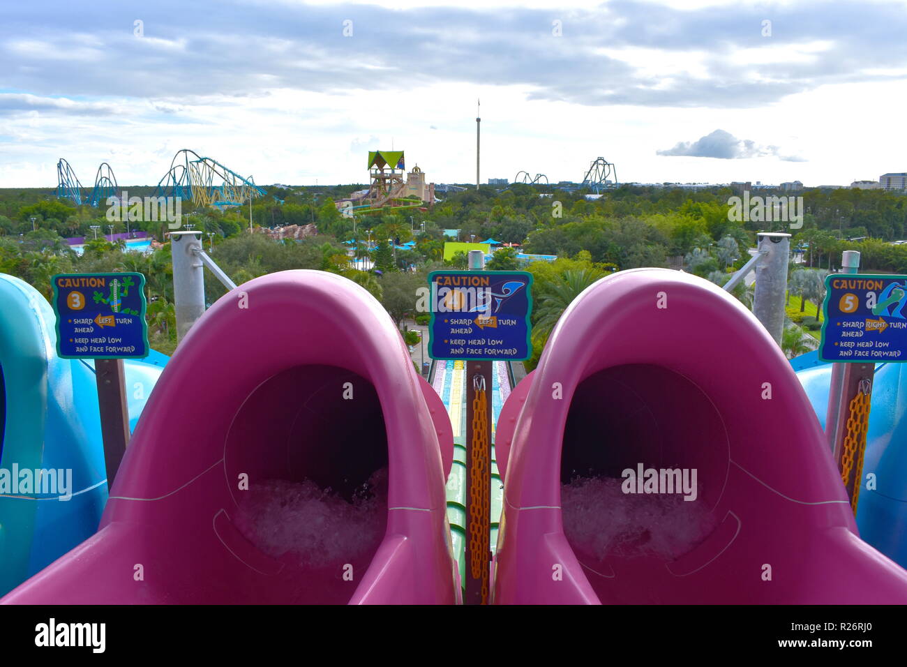 Orlando, Florida. October 26, 2018. Colorful slides water ride ...