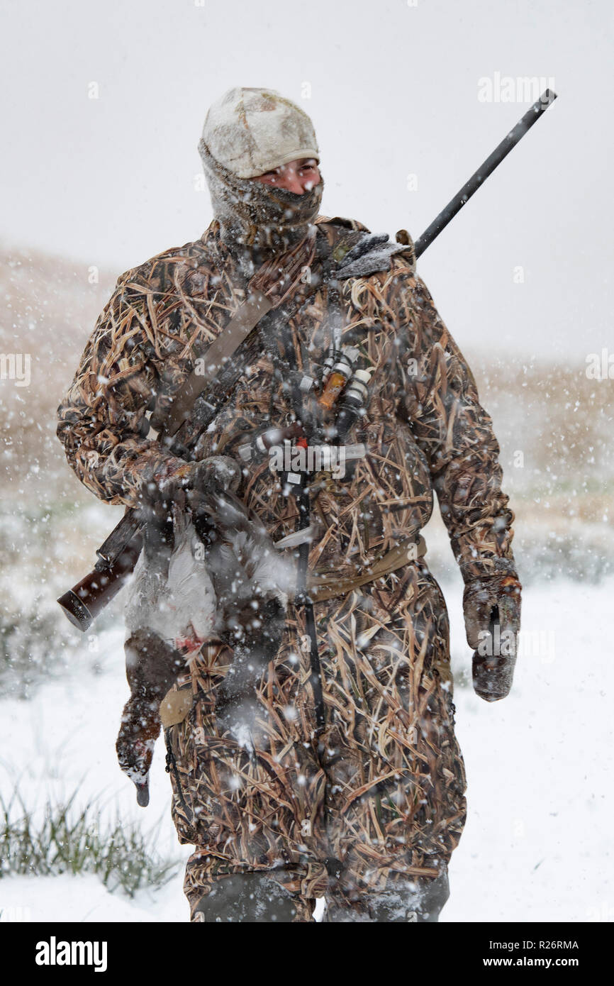 A duck hunter and his dog in a snow storm Stock Photo - Alamy