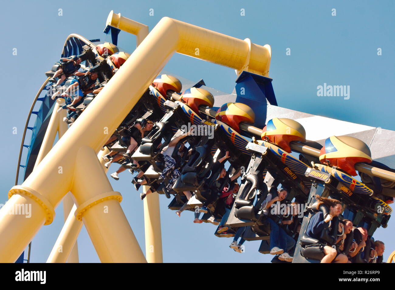 Tampa, Florida. October 25, 2018 People ride giant Montu Roller Coaster ...