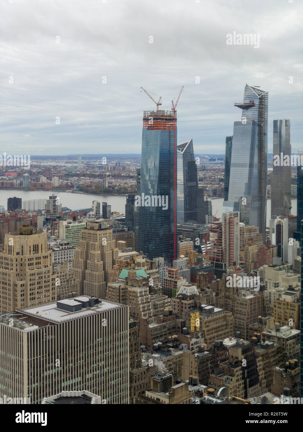 Aerial view of the New York City skyline and the construction of the ...