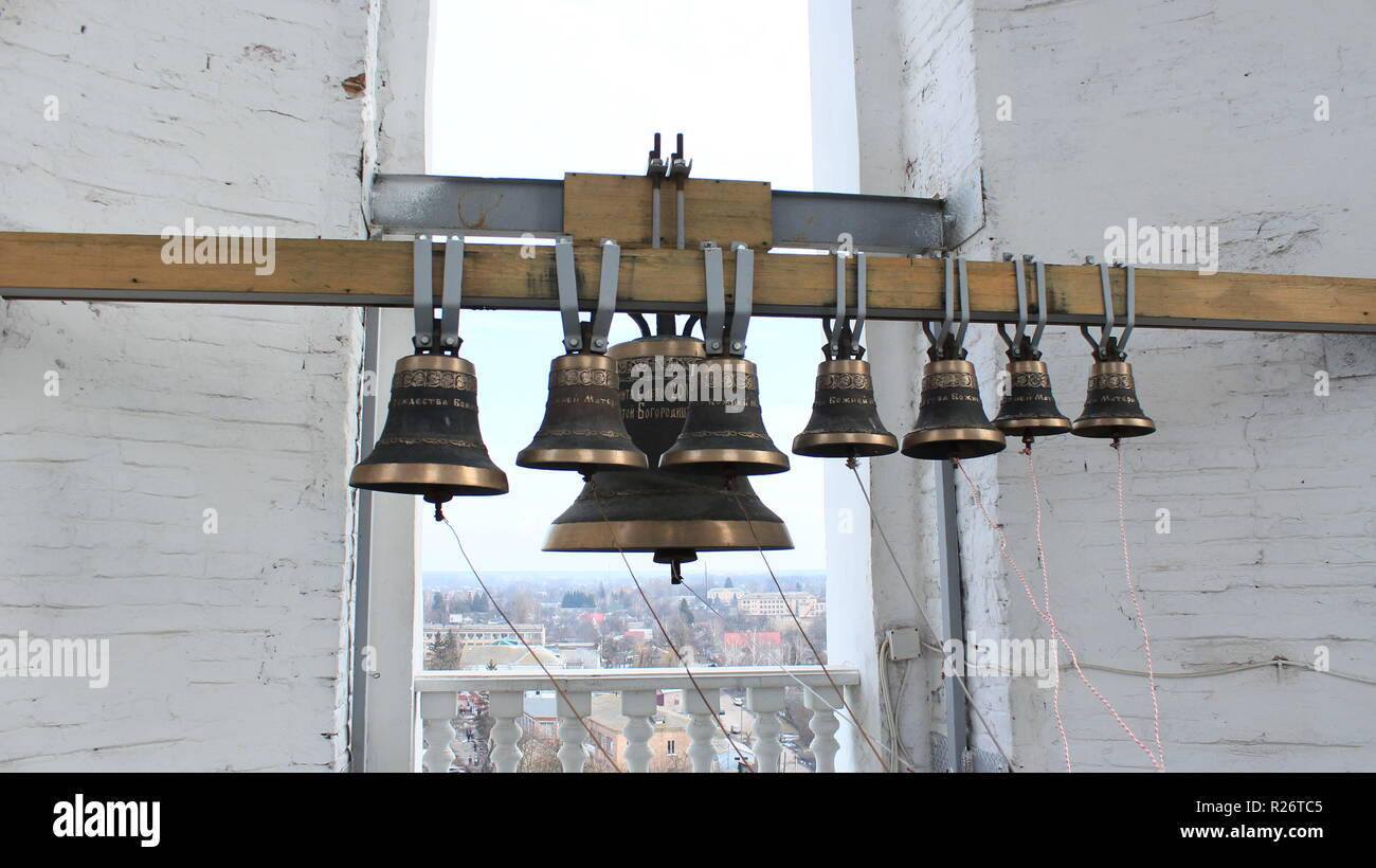 Different bells in church belltower. Religion concept. Religious music ...