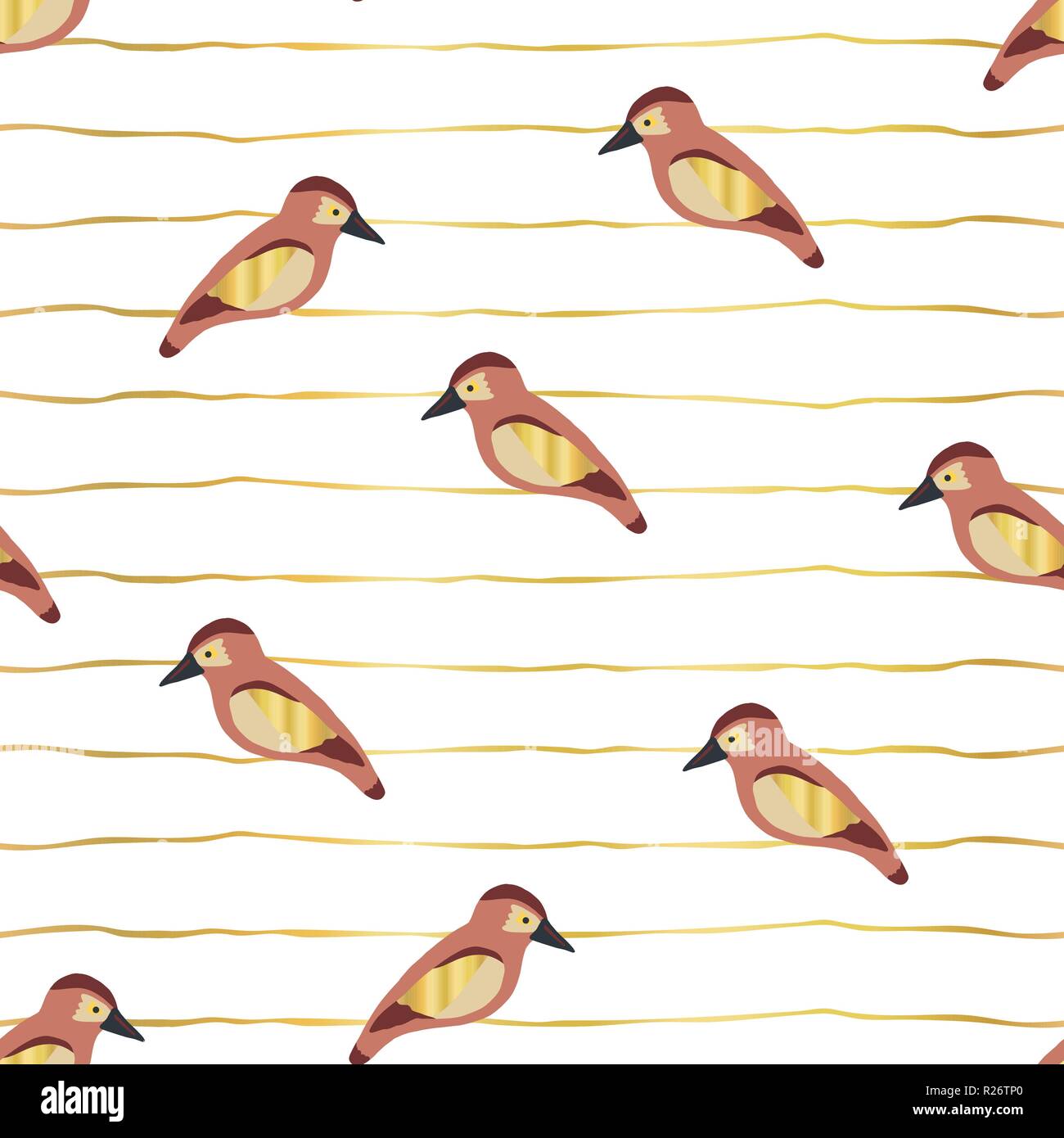 Birds with gold foil wings on golden lines seamless vector background ...