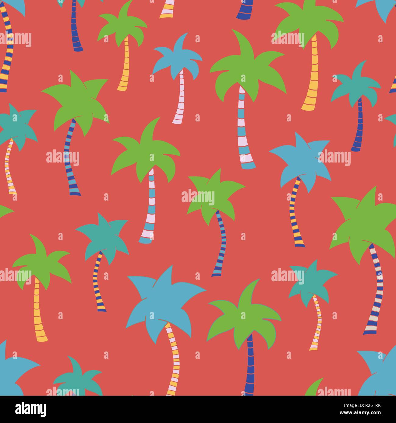 tropical palm trees hand drawn red green blue white seamless pattern ...