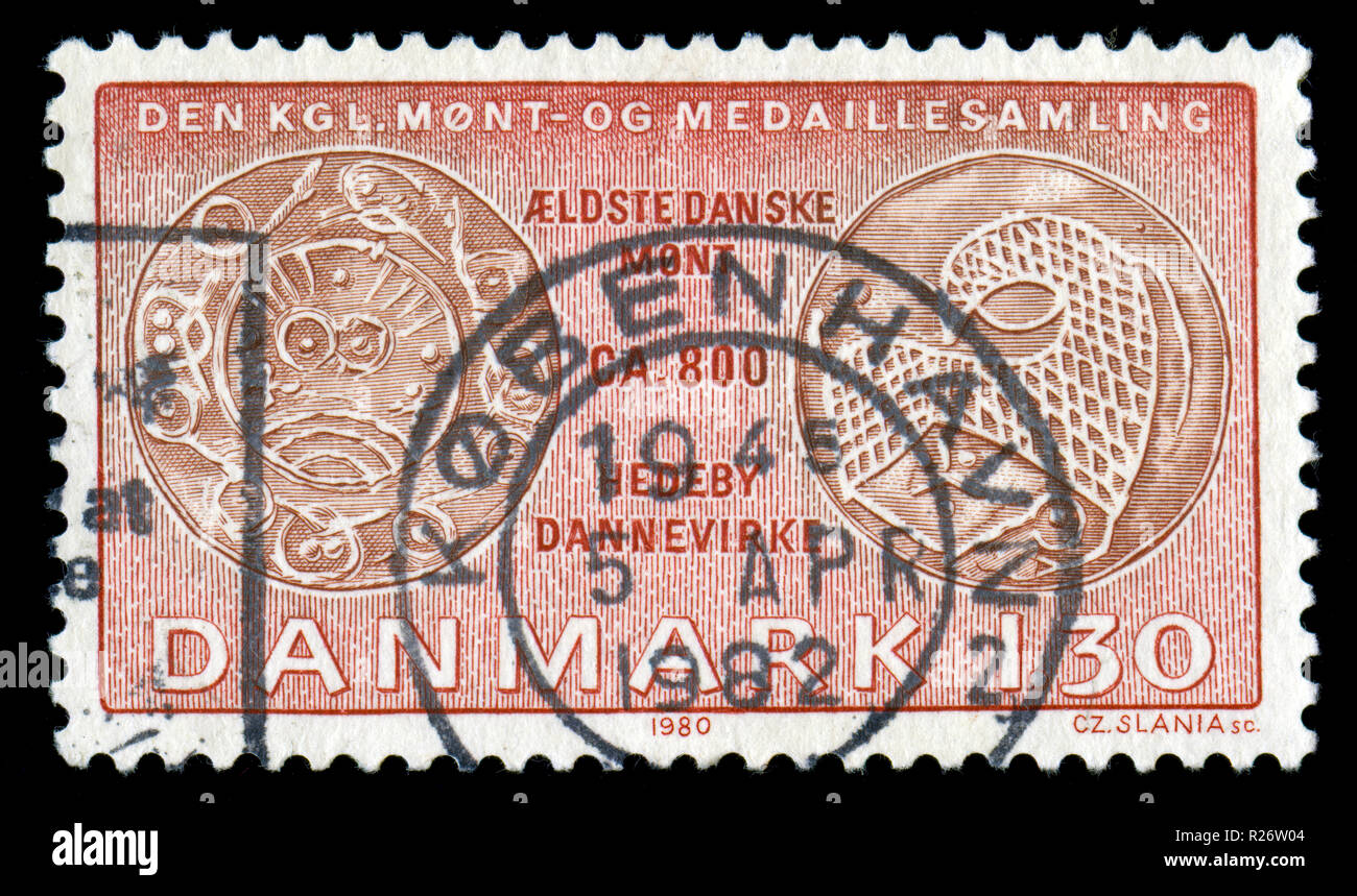 Postmarked stamp from Denmark in the Coins series issued in 1980 Stock ...