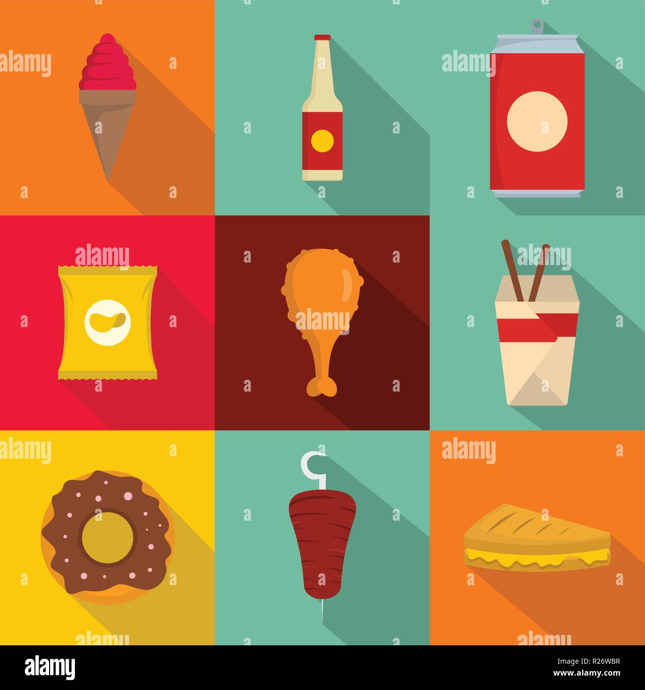 Fat fast food icons set. flat set of 9 fat fast food vector icons for ...