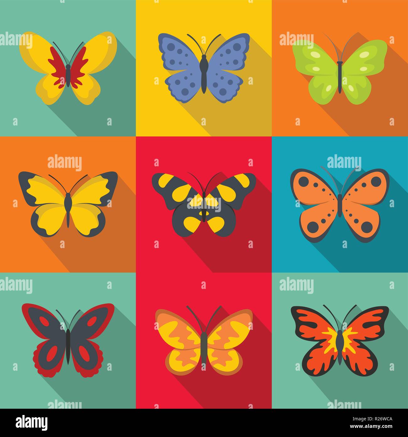 Types of butterflies icons set. flat set of 9 types of butterflies ...