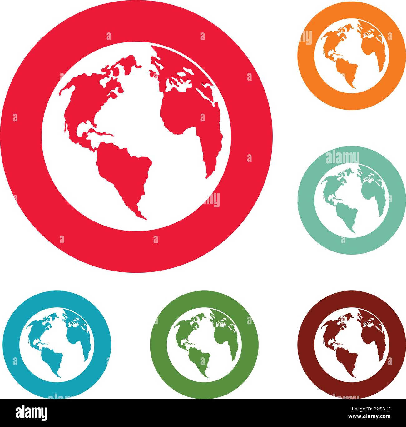 Continent on planet icons circle set vector isolated on white ...