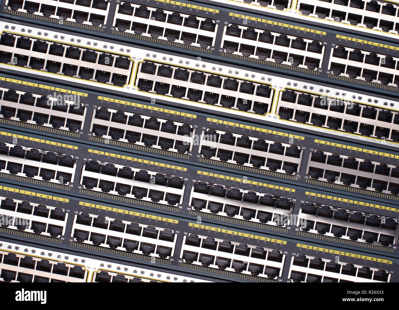 Blank patch panel switch, front view. Network components close-up Stock ...