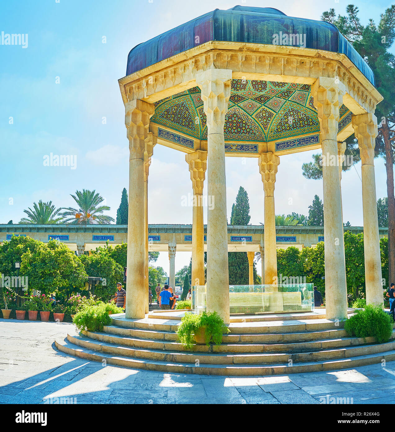 SHIRAZ, IRAN - OCTOBER 13, 2017: Beautiful stone pavilion, decorated ...