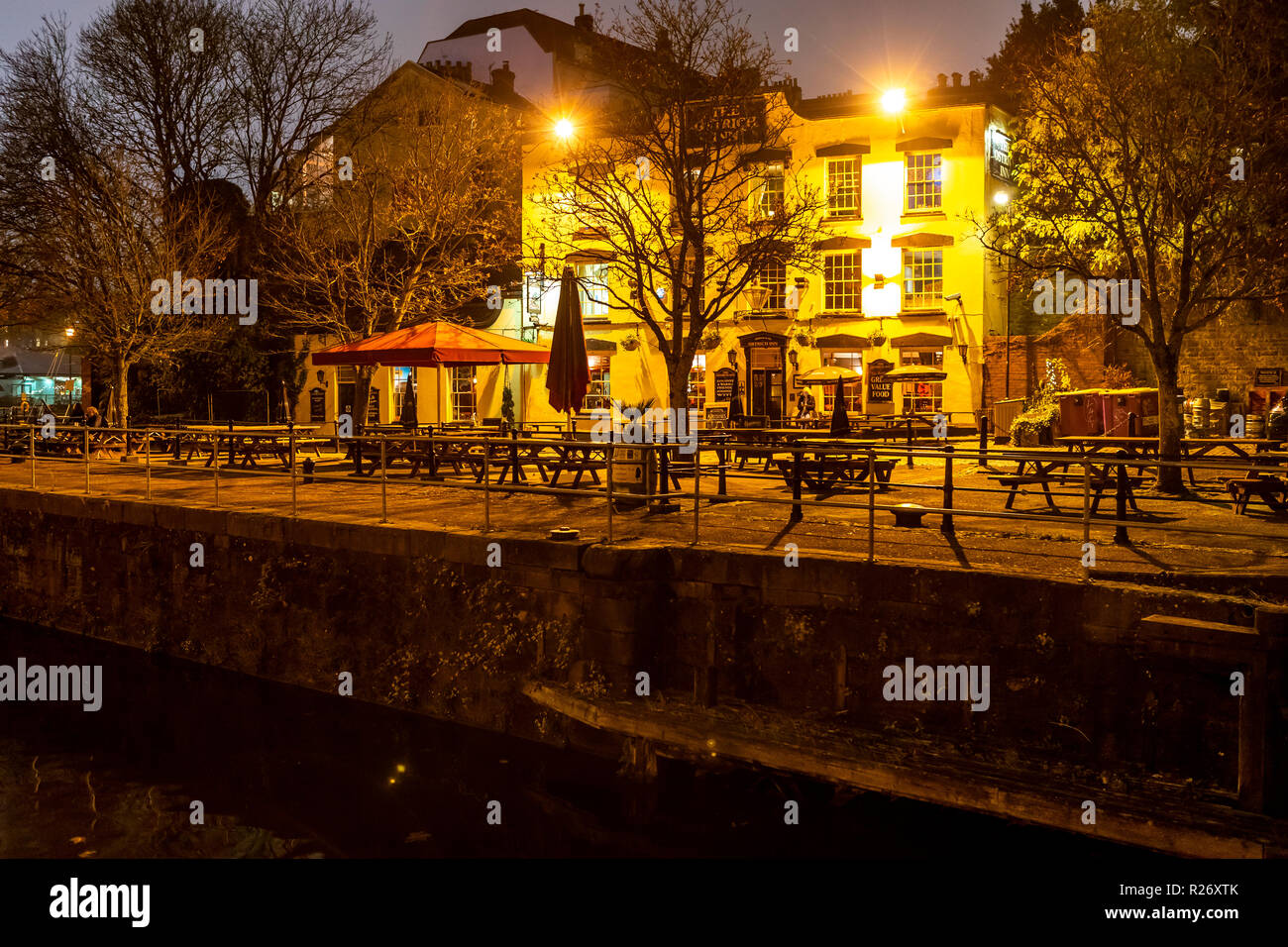 Ostrich pub, Bathurst Basin at night. Bristol. UK Stock Photo - Alamy