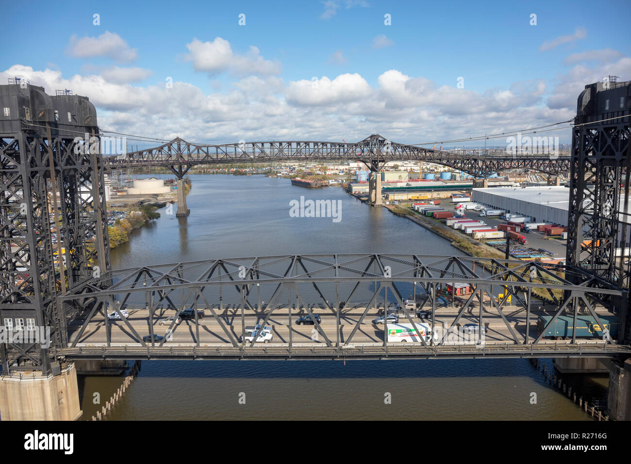 helicopter aerial view of cars on the Lincoln Highway Passaic River ...