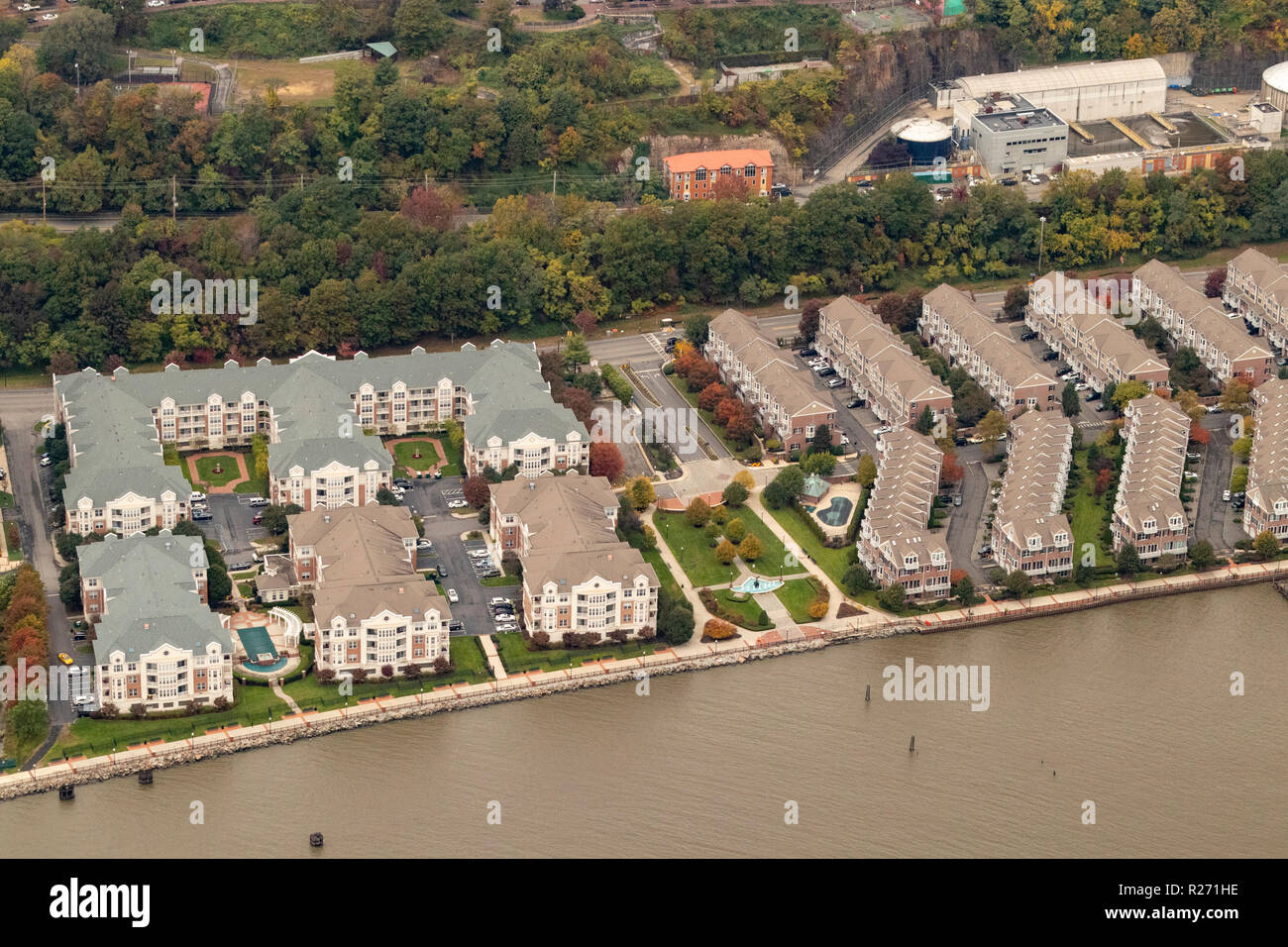helicopter aerial view of housing complex at Port Imperial and Albany ...