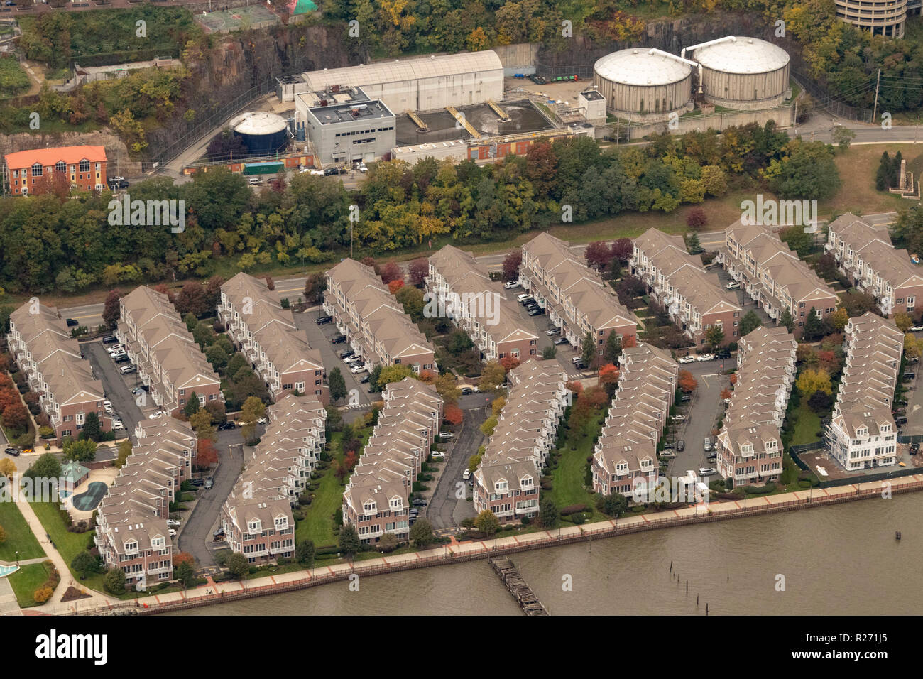 helicopter aerial view of housing complex at Albany Court, West New ...