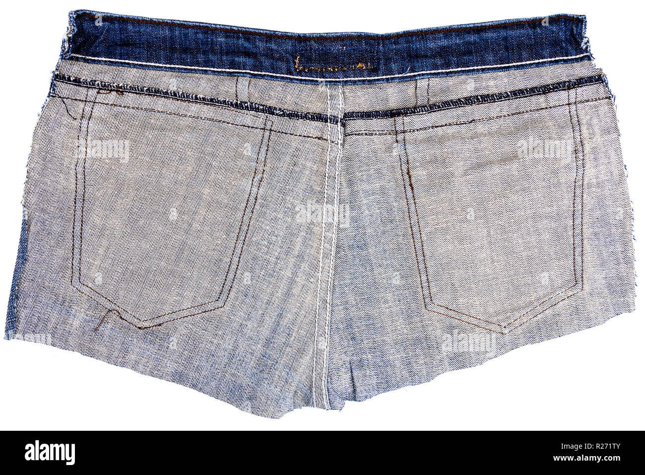 Piece of blue jeans fabric with back pockets isolated on white ...