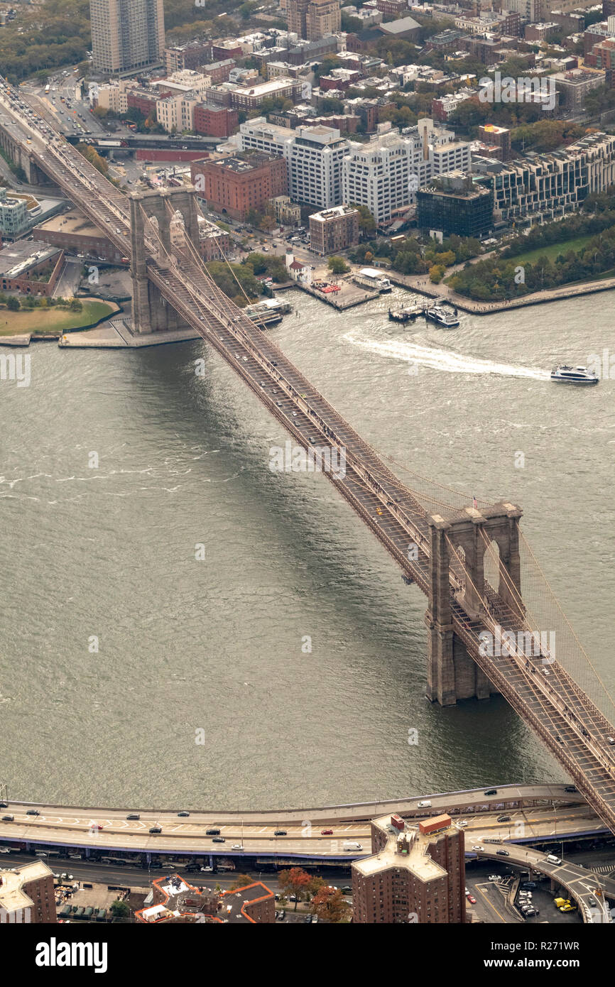 helicopter aerial view of Brooklyn Bridge, New York, USA Stock Photo ...