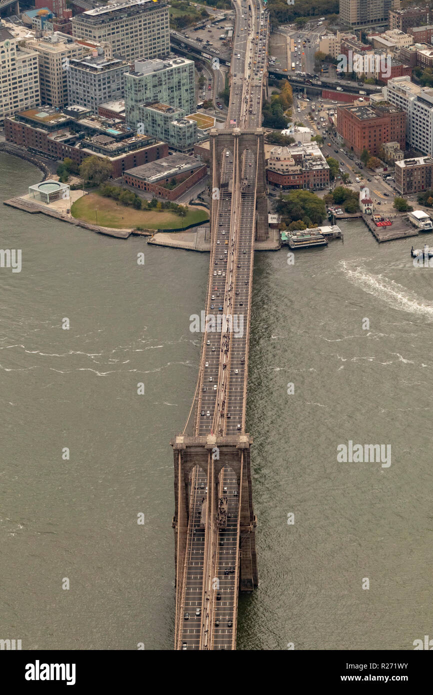 helicopter aerial view of Brooklyn Bridge, New York, USA Stock Photo ...