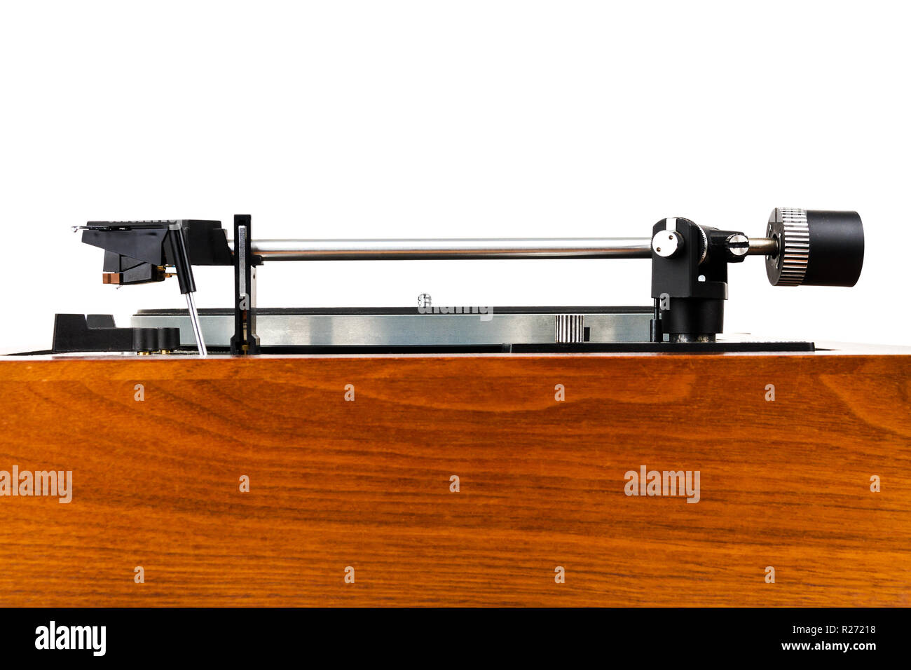 Side view of vintage turntable vinyl record player isolated on white ...