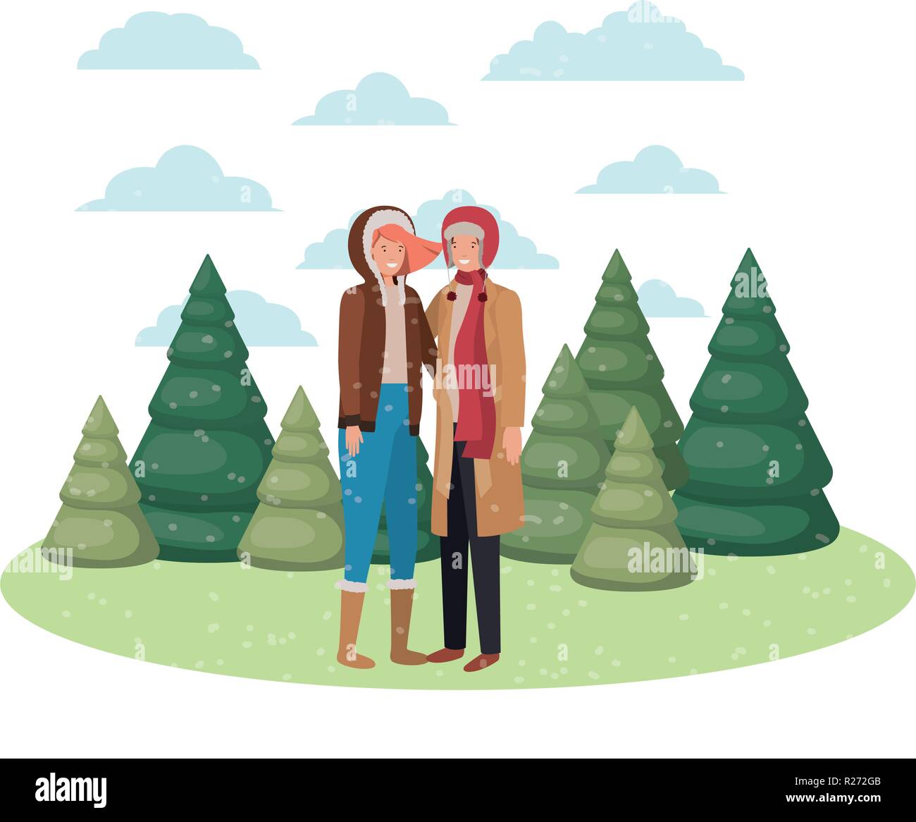 couple with winter clothes and winter pines avatar character Stock ...