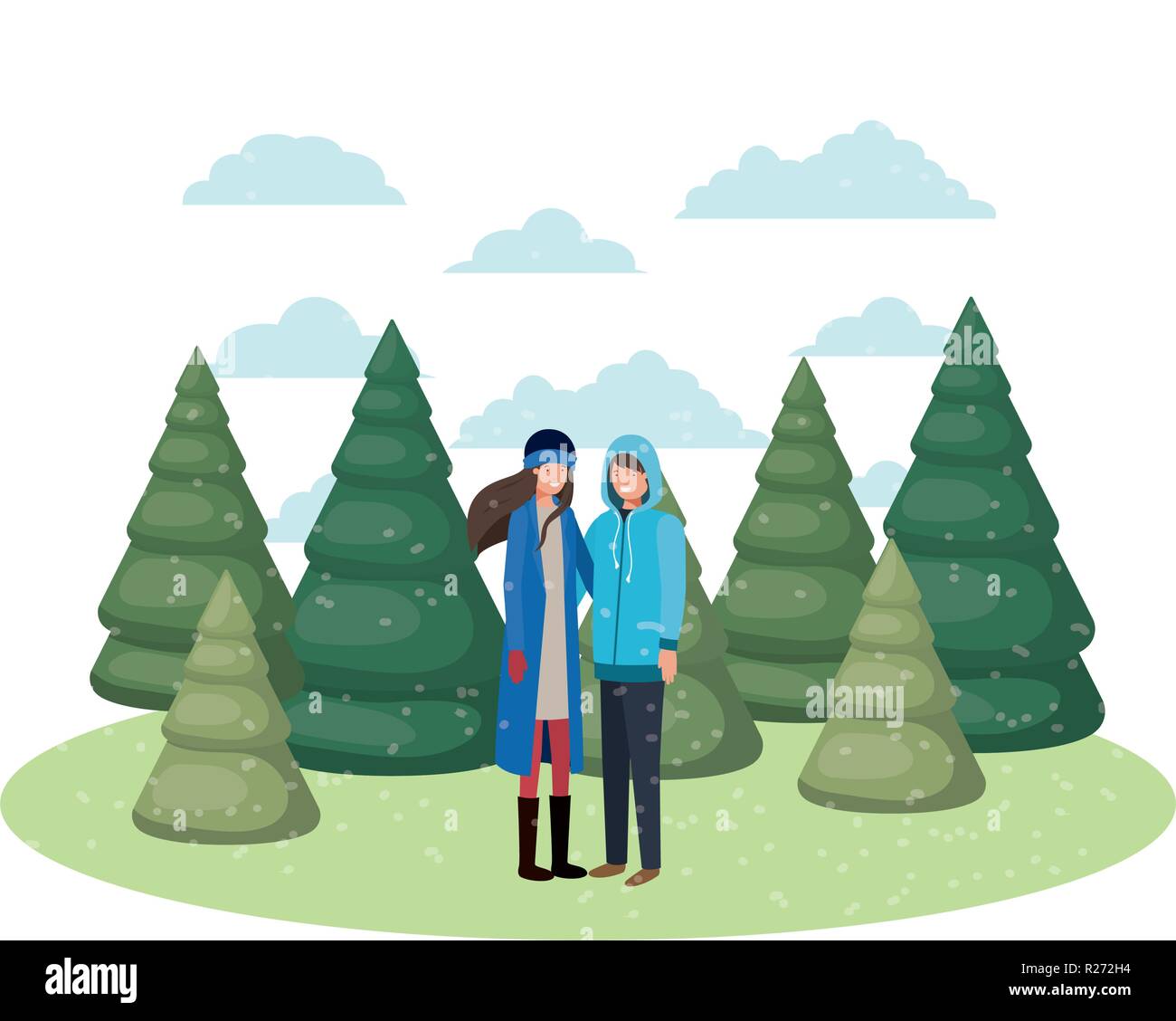 couple with winter clothes and winter pines avatar character Stock ...