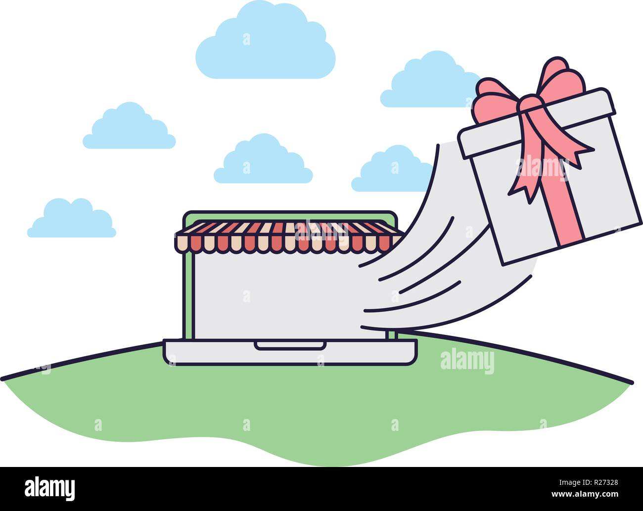 laptop with tent and gift coming out Stock Vector Image & Art - Alamy