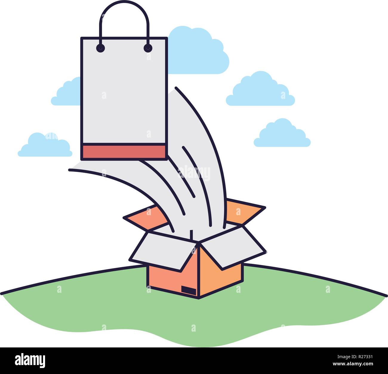 cardboard box with shopping bag coming out Stock Vector Image & Art - Alamy