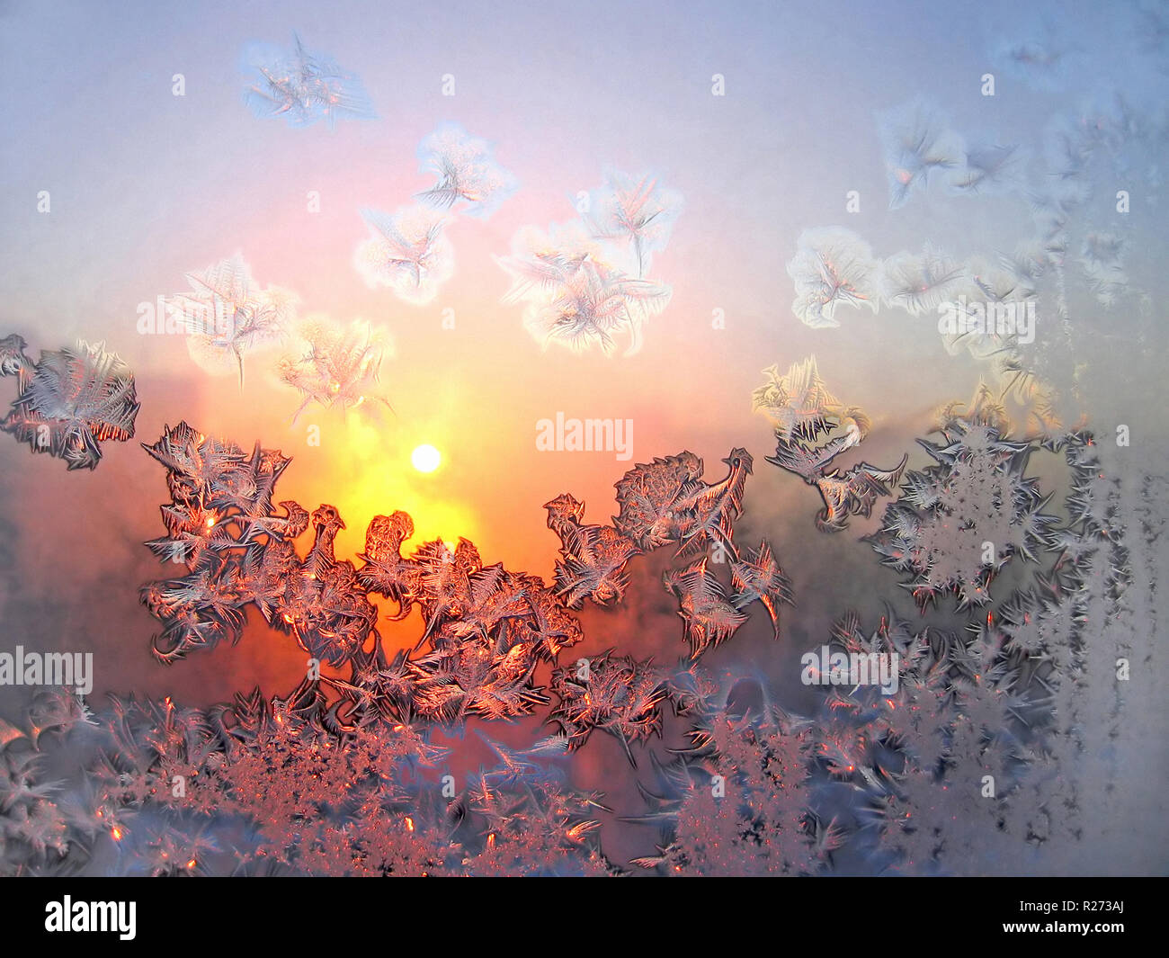 Frosty natural pattern and sun on winter glass Stock Photo - Alamy