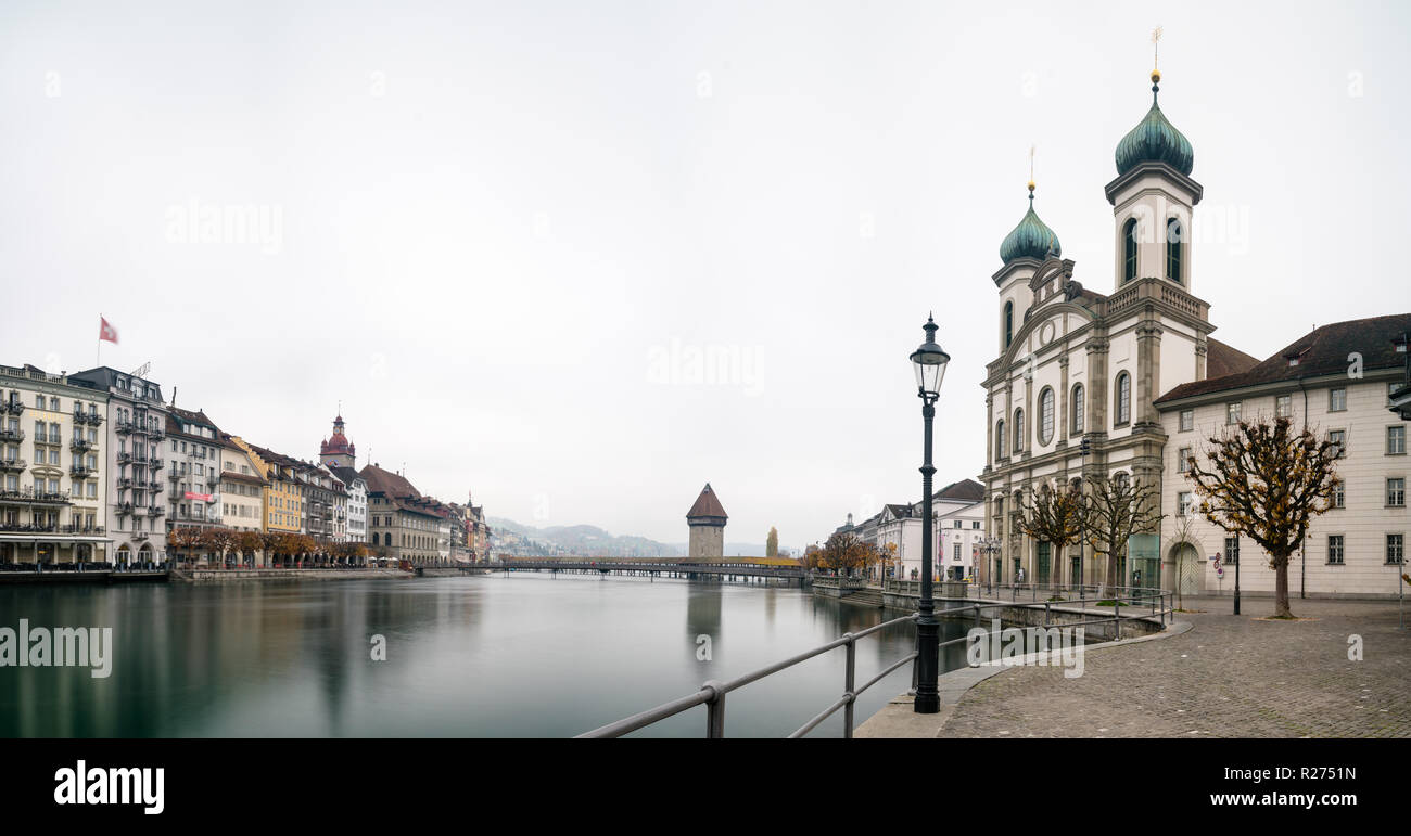 the famous Swiss city of Lucerne cityscape skyline and Kappel bridge ...