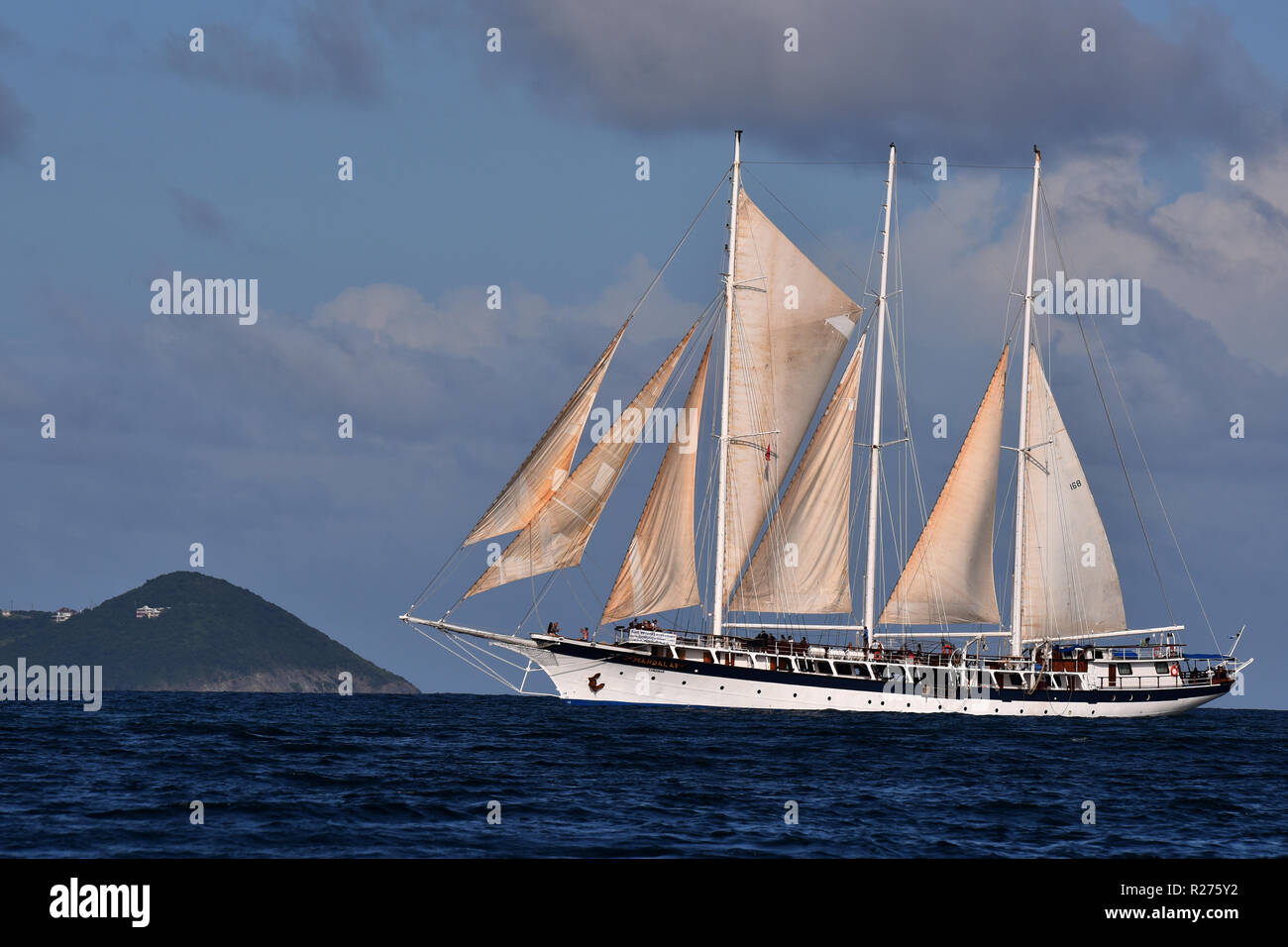 Aerial photo of old sailing boat on open sea. Side view Stock Photo - Alamy