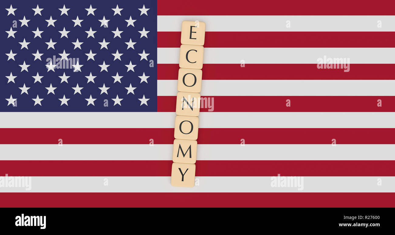 USA Business Concept: Letter Tiles Economy On US Flag 3d illustration ...