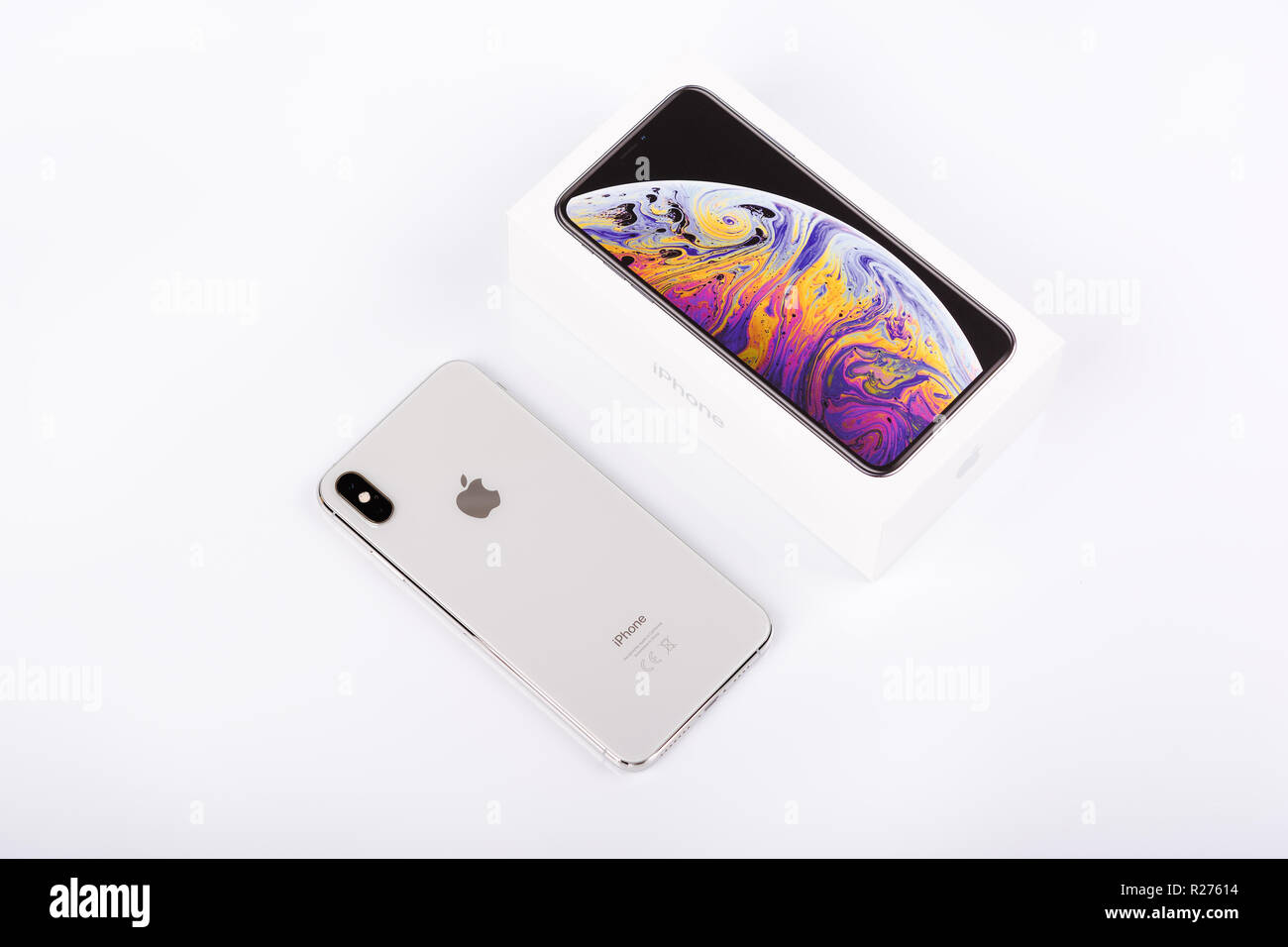 BURGAS, BULGARIA - NOVEMBER 8, 2018: Apple iPhone Xs Max Silver on ...