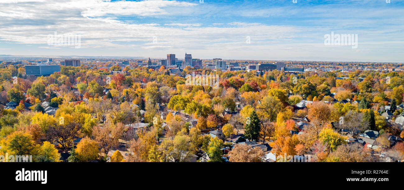 Beautiful little city of Boise Idaho with trees in full fall color ...