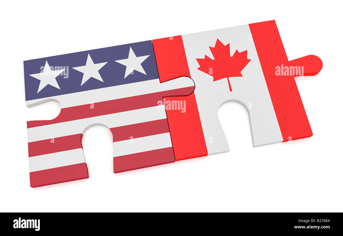 USA Canada Partnership Concept: US Flag And Canadian Flag Puzzle Pieces ...