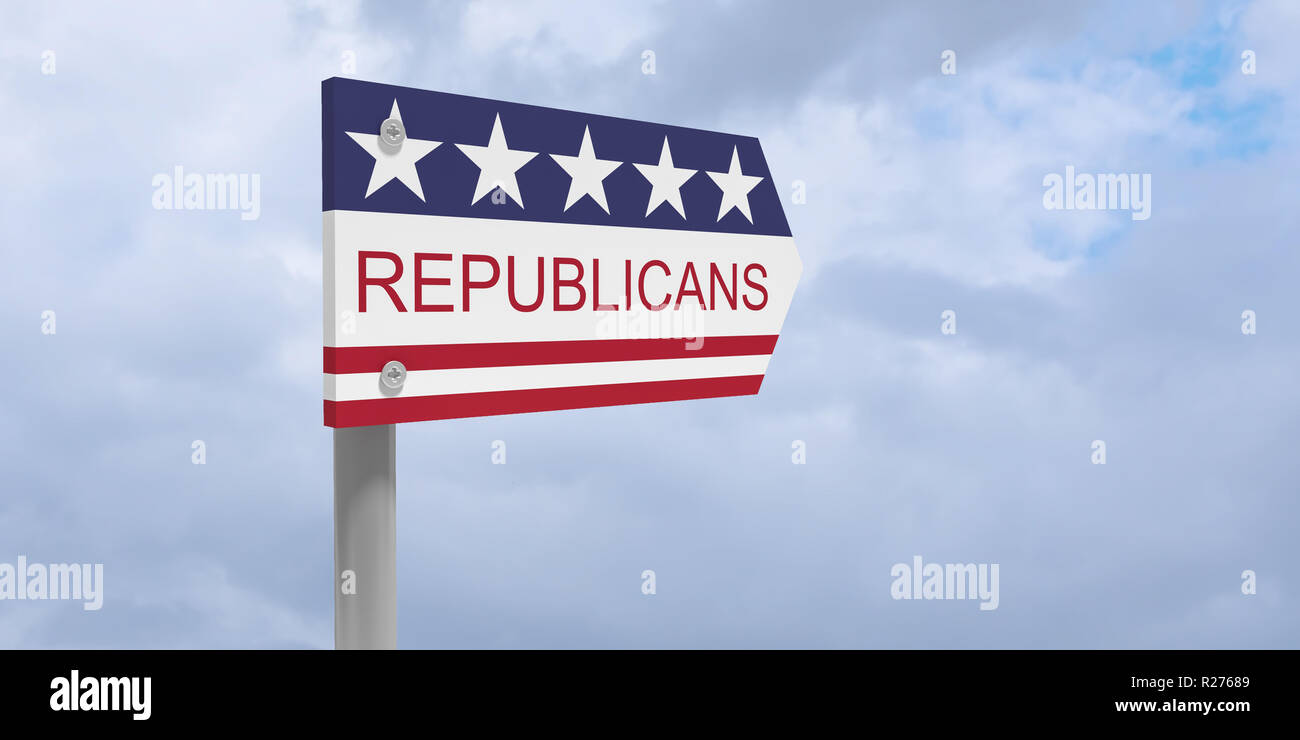 USA Politics Party Concept: Republicans Direction Sign With US Flag, 3d ...