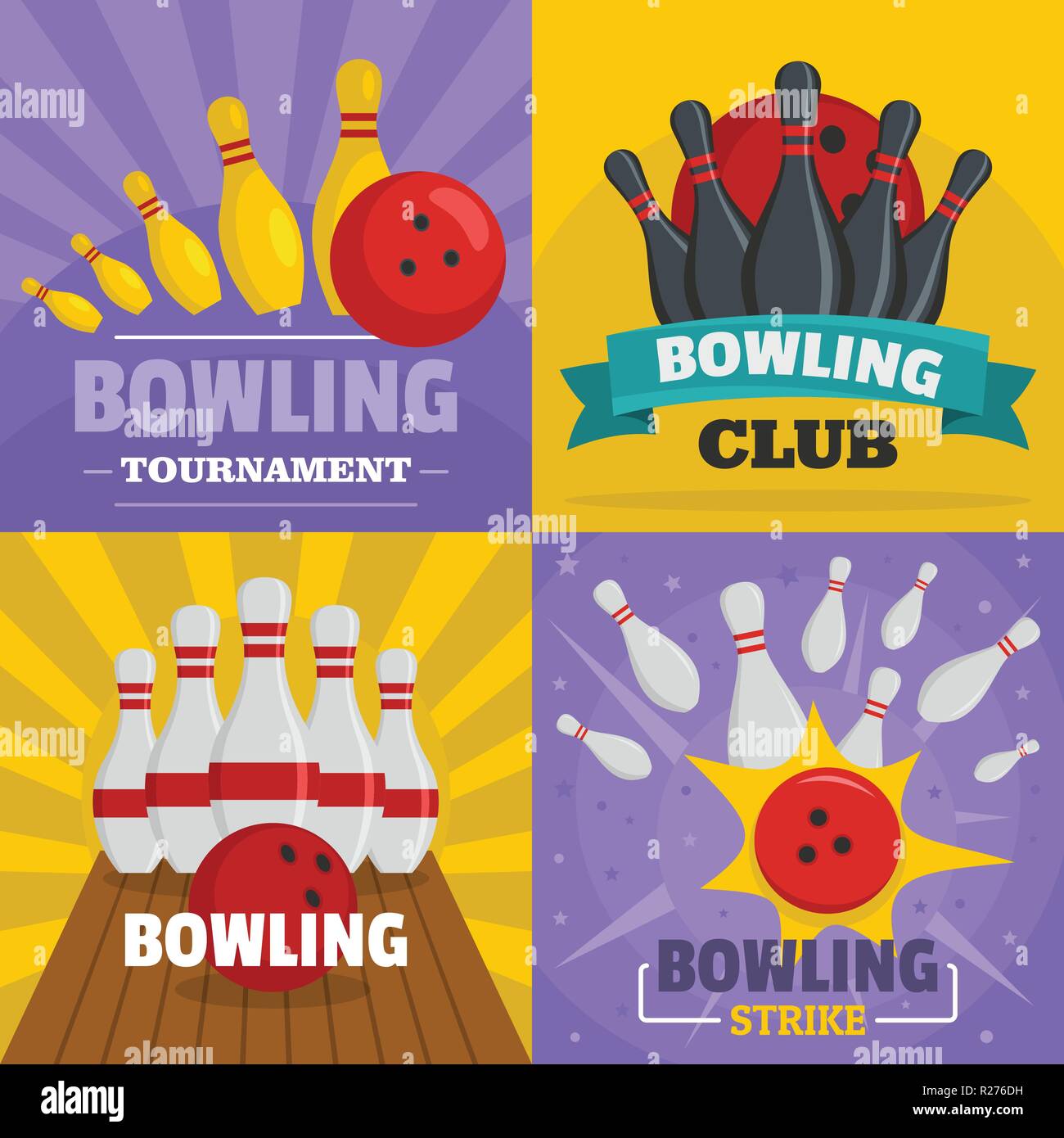 Bowling kegling banner concept set. Flat illustration of 4 Bowling ...