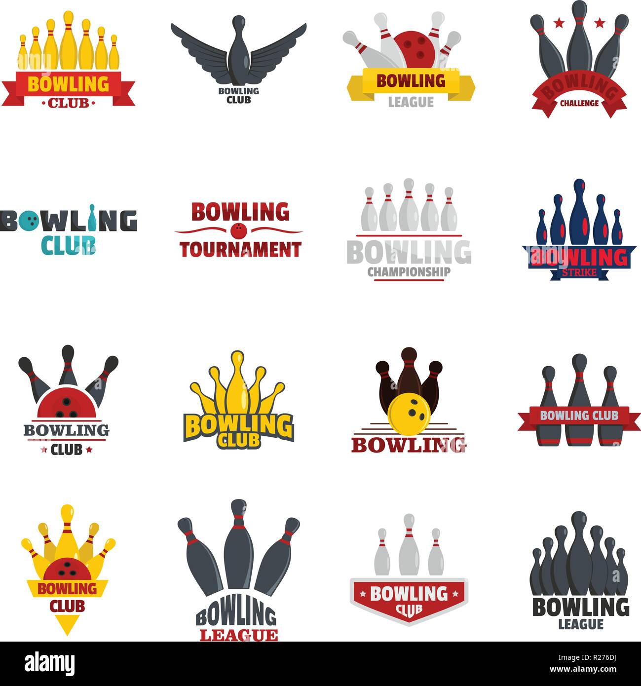 Bowling kegling game icons set. Realistic illustration of 16 bowling ...