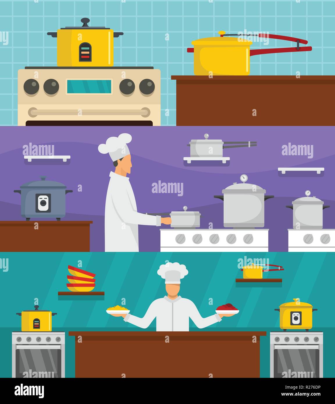 Cooker chef oven stove pan banner concept set. Flat illustration of 3 ...
