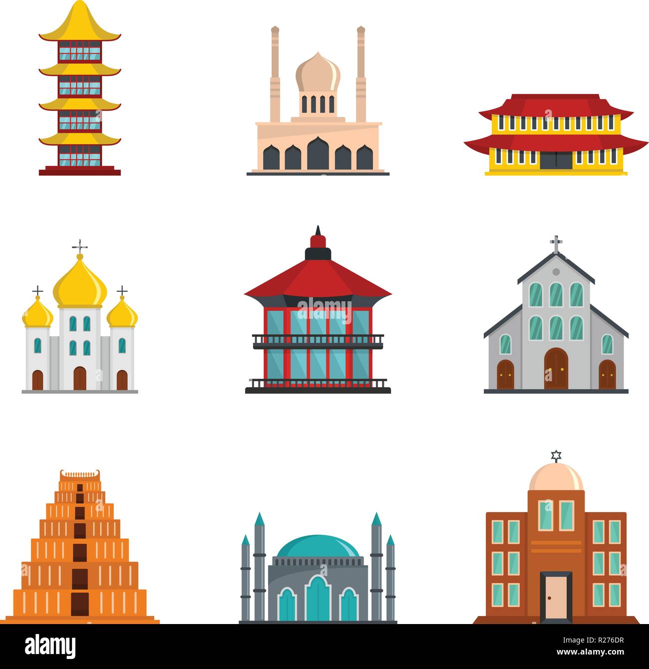 Temple tower castle icons set. Flat illustration of 9 temple tower ...