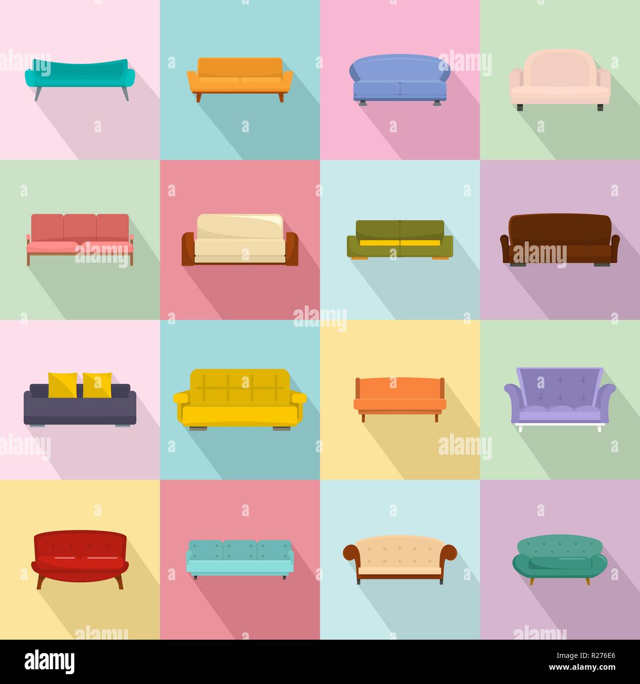 Sofa chair room couch icons set. Flat illustration of 16 sofa chair ...